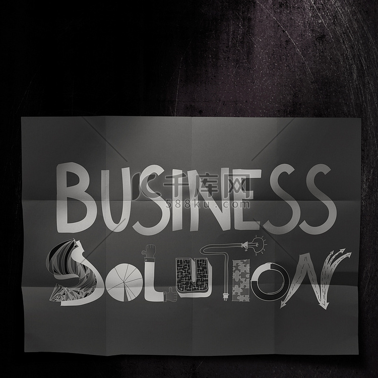 在深色皱纹纸和纹理上设计词 BUSINESS SOLUTION高清摄影大图-千库网