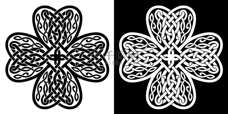 四叶草形结由凯尔特心形结制成，黑白轮廓，凯尔特风格。高清摄影大图-千库网