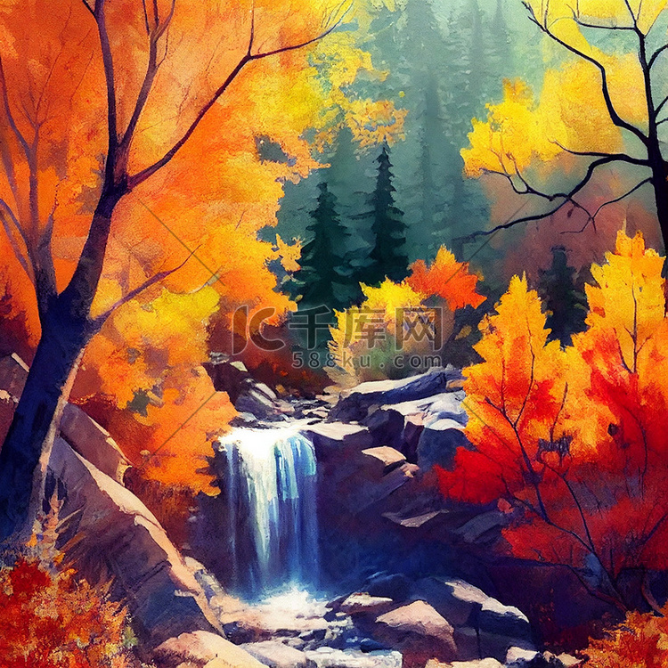 秋天的山里徒步旅行，水彩画高清摄影大图-千库网