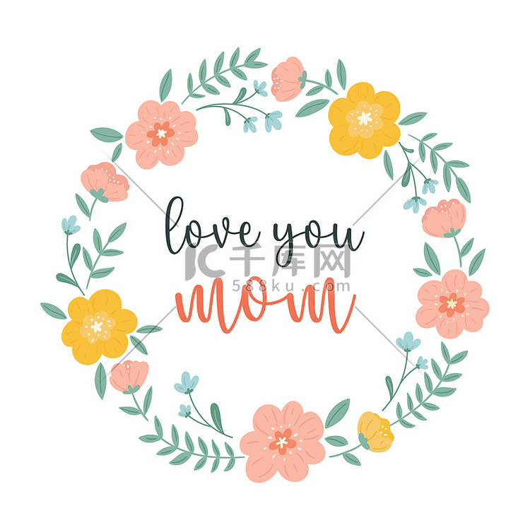 母亲节快乐贺卡，上面有花环和白色背景上的铭文。高清摄影大图-千库网