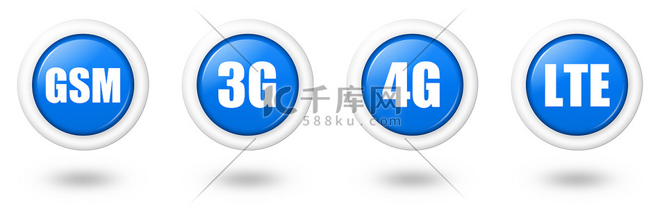 带阴影的蓝色 LTE、4G、3G 和 GSM 电信图标集高清摄影大图-千库网