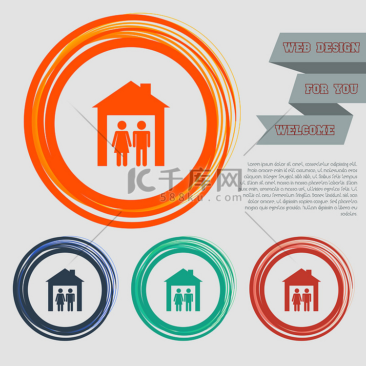 红色、蓝色、绿色、橙色按钮上的家庭图标，适合您的网站和设计与空间文本。高清摄影大图-千库网