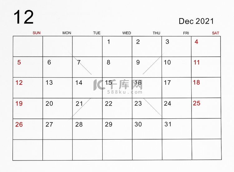 2021 年 12 月的日历。高清摄影大图-千库网
