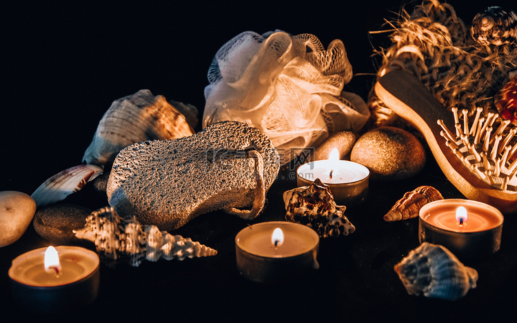水疗用品、生态概念、零废物、有机产品、天然木刷、石头、蜡烛高清摄影大图-千库网