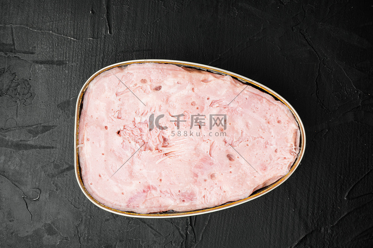 锡罐火腿，黑色深色石桌背景，顶视图平躺高清摄影大图-千库网