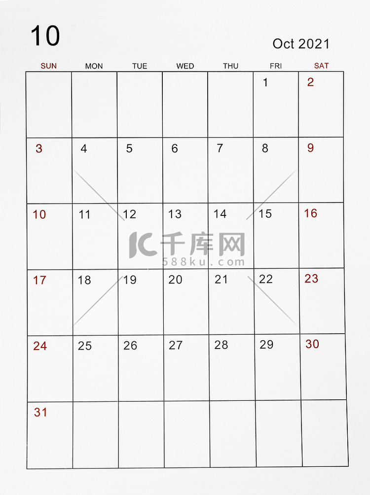 2021 年 10 月日历垂直模板。高清摄影大图-千库网