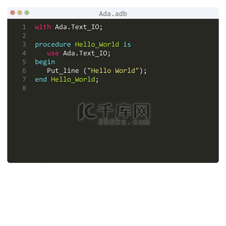 编辑器窗口中的 Ada 语言 Hello World 程序示例高清摄影大图-千库网