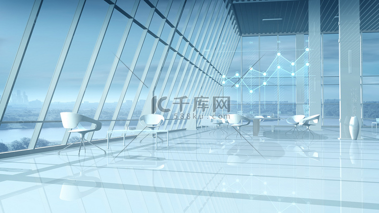 具有浅色内饰和虚拟信息图表的办公室。高清摄影大图-千库网