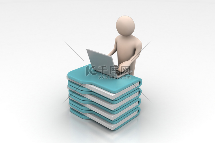 笔记本电脑放在文件夹上的人高清摄影大图-千库网