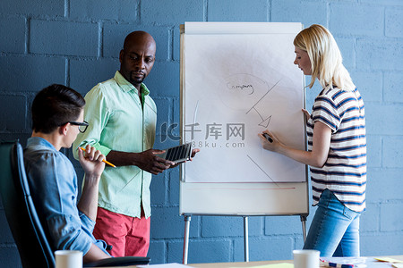 团队看着一位同事在白板上写字高清摄影大图-千库网