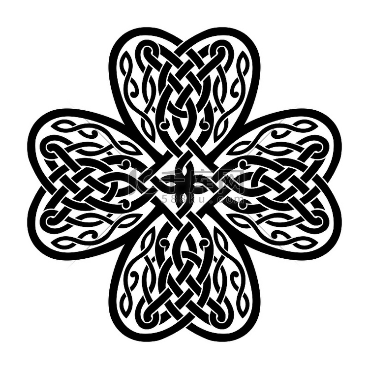 四叶三叶草形结由凯尔特心形结制成，黑白轮廓，凯尔特风格。高清摄影大图-千库网