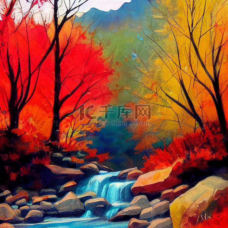 秋天的山里徒步旅行，水彩画高清摄影大图-千库网