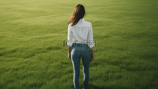 身穿白色衬衫的女性在绿色草地上行走背影高清摄影大图-千库网