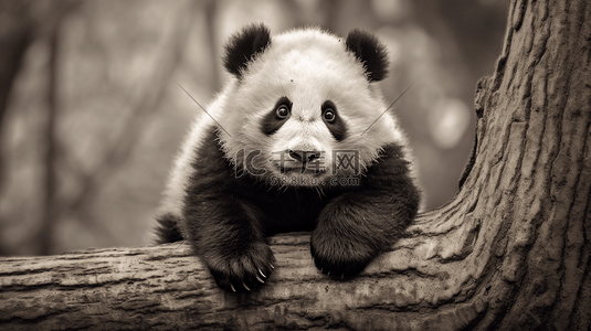 棕色树干上的黑白熊猫高清摄影大图-千库网