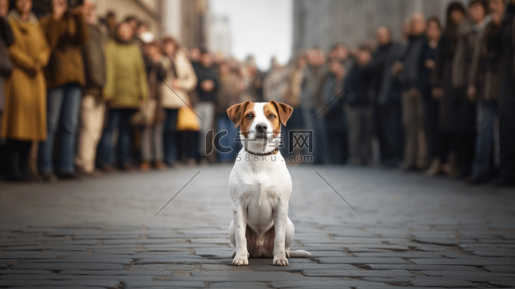 短毛白棕色相间的狗，靠近站在路上的人高清摄影大图-千库网