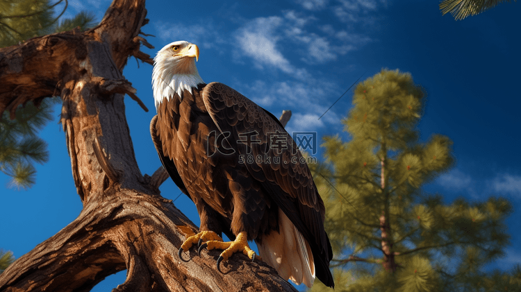 白头鹰栖息在树枝上高清摄影大图-千库网