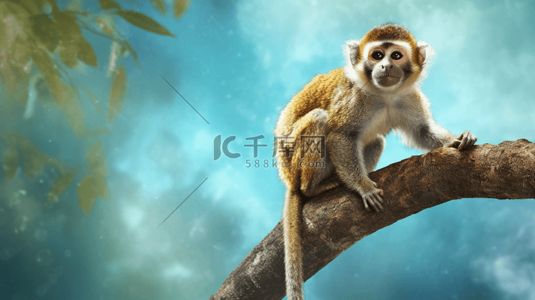 树枝上警惕的小猴子1高清摄影大图-千库网