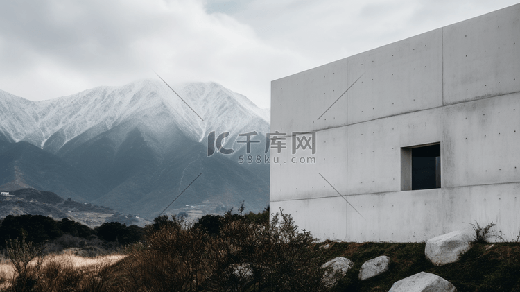 山脚下的白色混凝土建筑1高清摄影大图-千库网