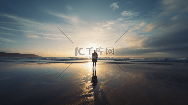 站在海滩上的人背影剪影1高清摄影大图-千库网