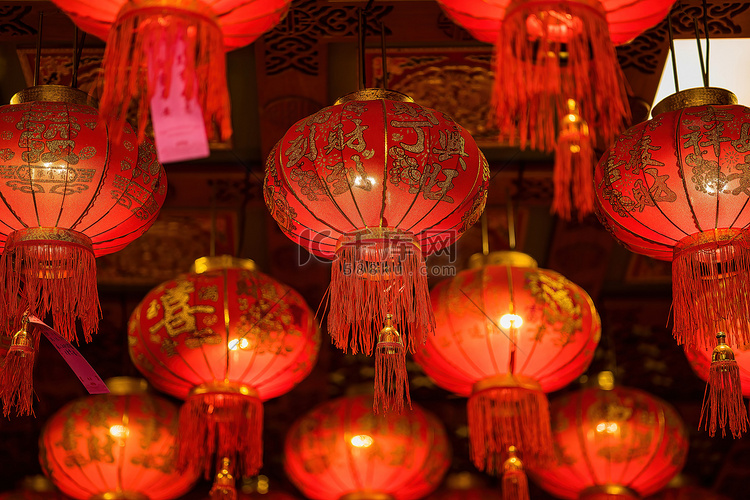 Bangkok, Thailand - December, 20, 2021 : Red Lanterns with chinese text mean "Good Luck" in Wat ...