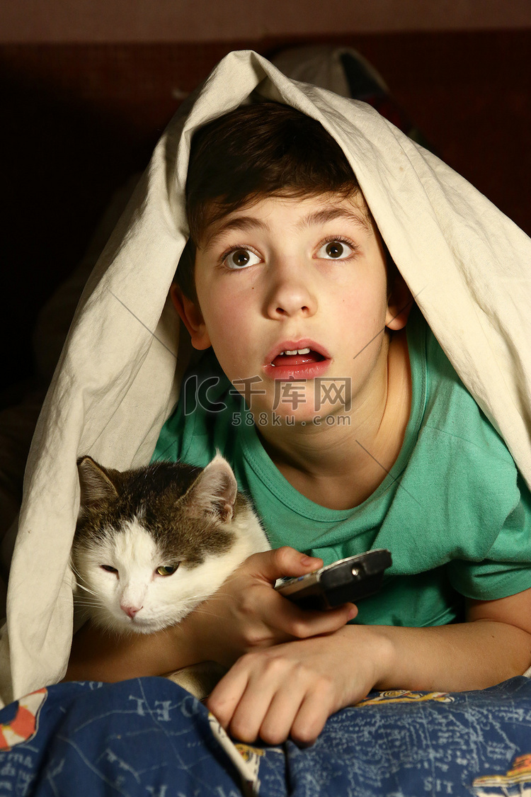 boy with cat watch horror movie高清摄影大图-千库网