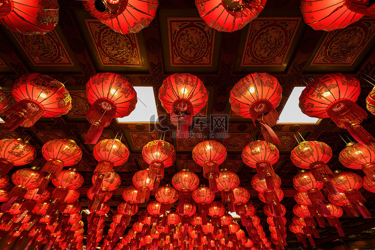 Bangkok, Thailand - December, 20, 2021 : Red Lanterns with chinese text mean "Good Luck" in Wat ...