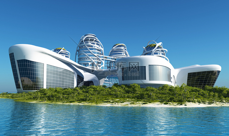未来的海洋城市3D渲染高清摄影大图-千库网
