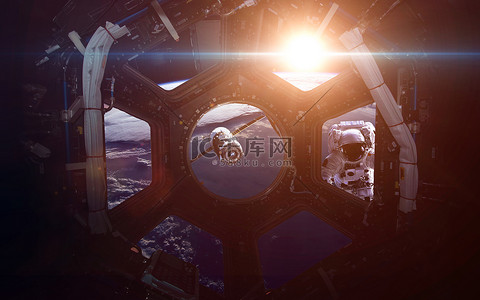 A round window on a space station with a view of Earth below. This ...