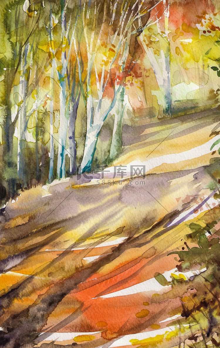 秋天的水彩画画高清摄影大图-千库网