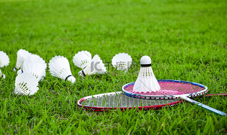 Shuttlecocks and badminton rackets on the green field高清摄影大图-千库网