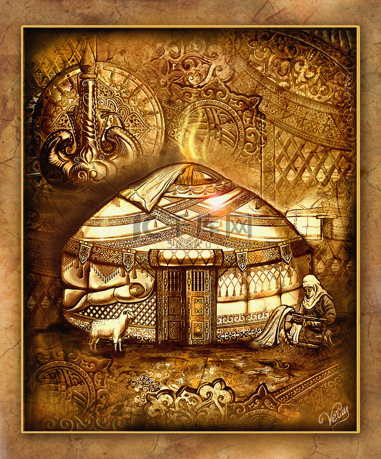 绘画, 亚洲主题, 圣人插画, 哈萨克人生活, 东方传统, 蒙古包, aul 所需要, 哈萨克村庄, 吉尔吉斯住宅, 绵羊, kerege ...
