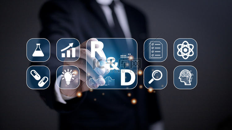 Hand of businessman holding a pen pointing to R and D icon for Research ...
