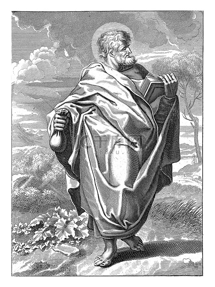 The Apostle Matthew standing in a landscape with a book and a bag of ...
