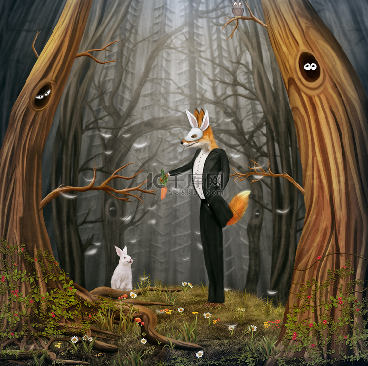 Fox and rabbit高清摄影大图-千库网