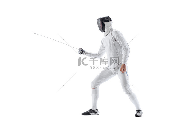 Attack. Dynamic portrait of young man, fencer in in fencing costume ...