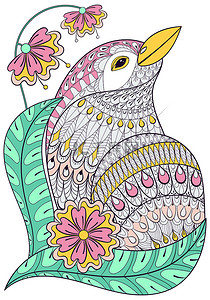 Zentangle exotic bird in colorful flowers. Hand drawn ethnic ani高清摄影大图-千库网