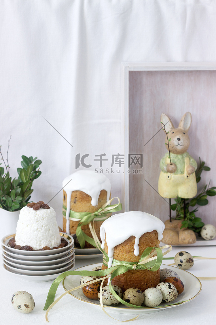 Easter still life with Easter cake kulich, paskha and painted eggs on a ...