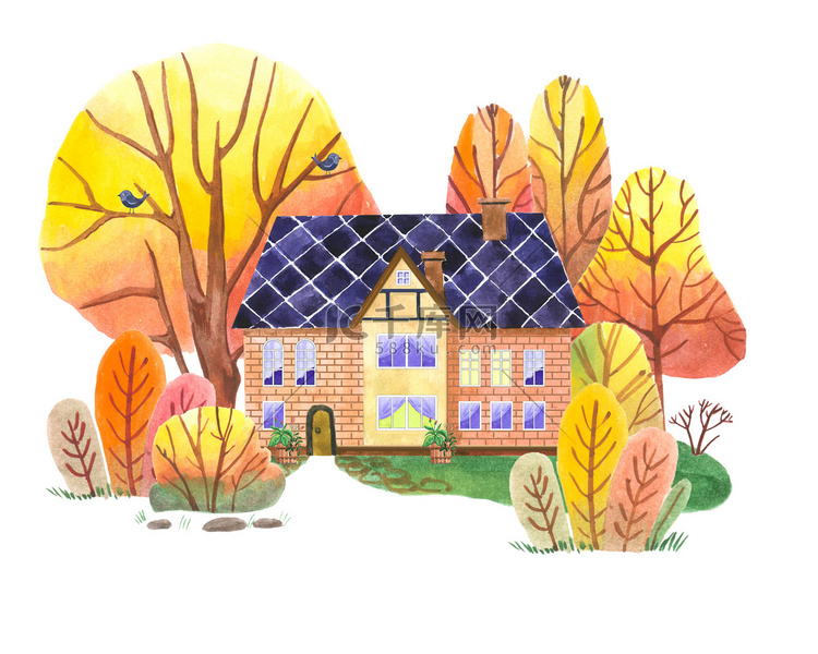 一座明媚的秋天森林里的村舍。水彩画高清摄影大图-千库网