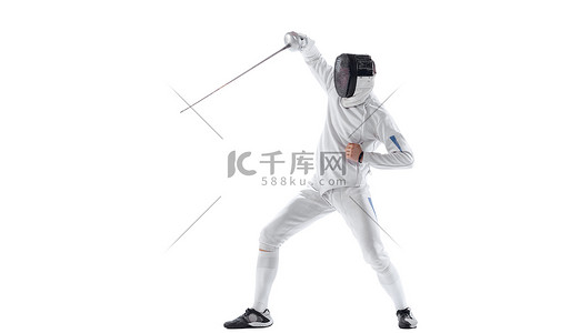 Thrust with rapier. Young man, fencer in in fencing costume with sword ...