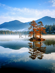 秋天湖水远山风景高清摄影大图-千库网