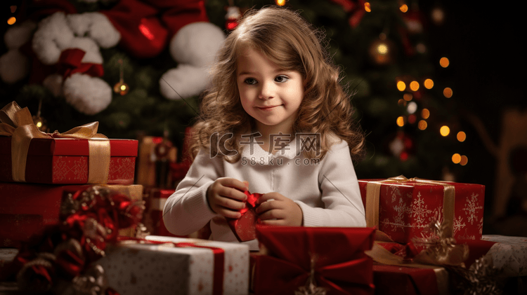 圣诞节拆礼物的儿童高清摄影大图-千库网