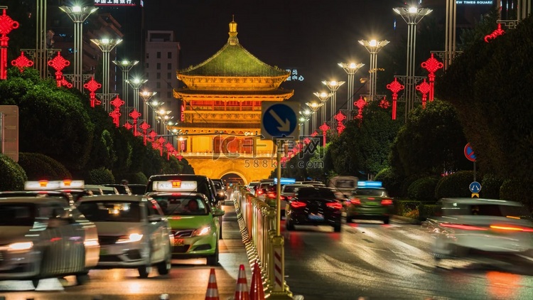 陕西钟楼城市地标交通车流高清摄影大图-千库网