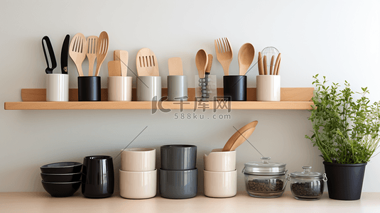 整齐摆放的厨具餐具高清摄影大图-千库网