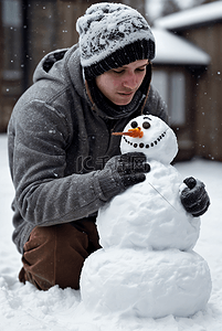 寒冷冬季室外大人堆雪人图1高清摄影大图-千库网