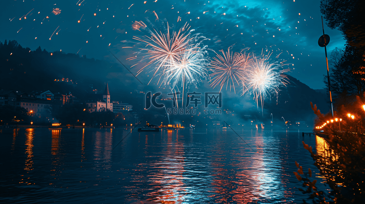 夜晚城市美丽的烟花新年春节除夕高清摄影大图-千库网