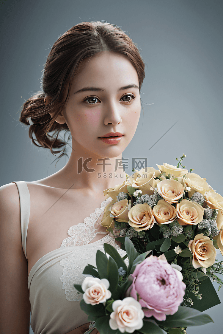 手捧美丽花束的漂亮女士肖像图31摄影照片高清摄影大图-千库网