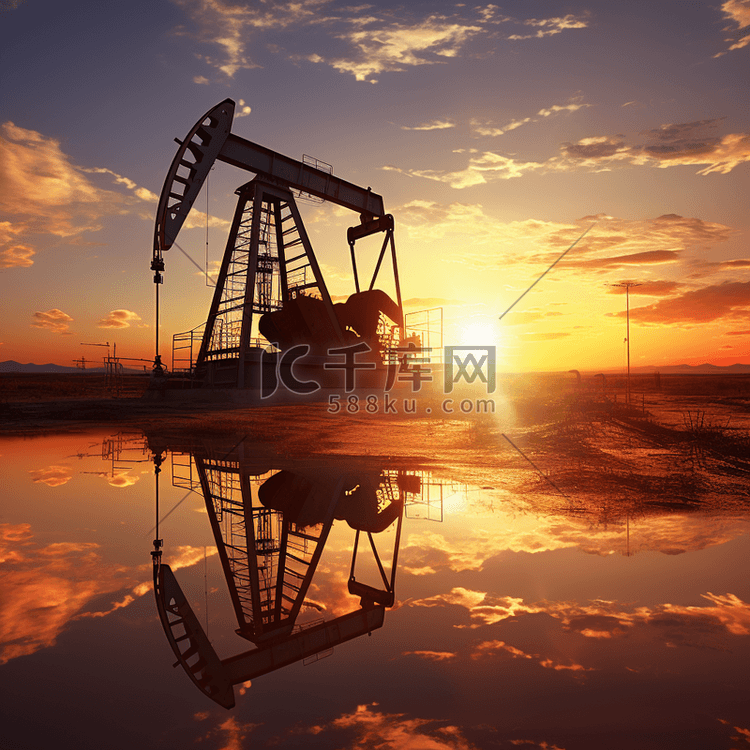 清洁能源概念油泵与太阳能电池板和日落高清摄影大图-千库网