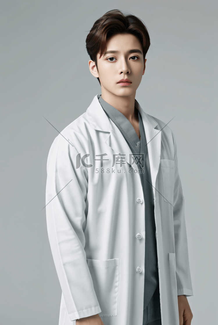 纯色背景下穿着白色长袍的男医生站立图3照片高清摄影大图-千库网