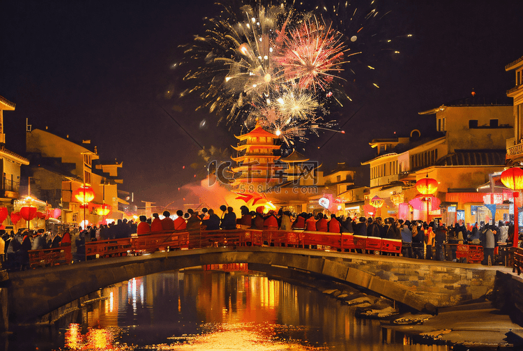 过年夜烟花美景摄影图5高清摄影大图-千库网