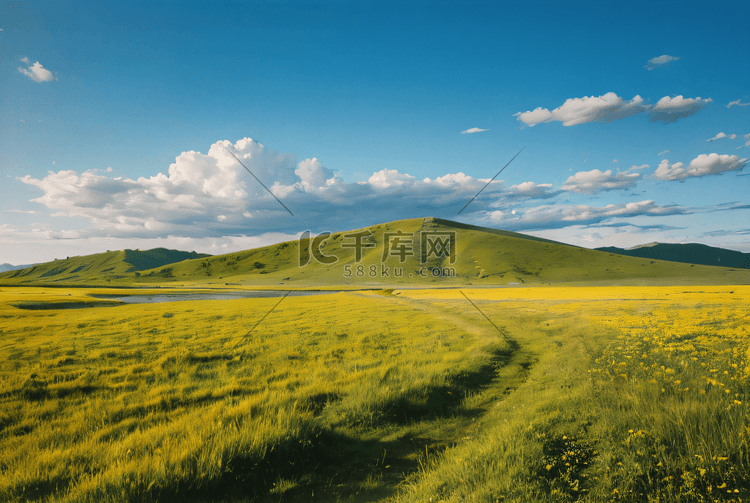 春季蓝天白云下的草原摄影照片3高清摄影大图-千库网